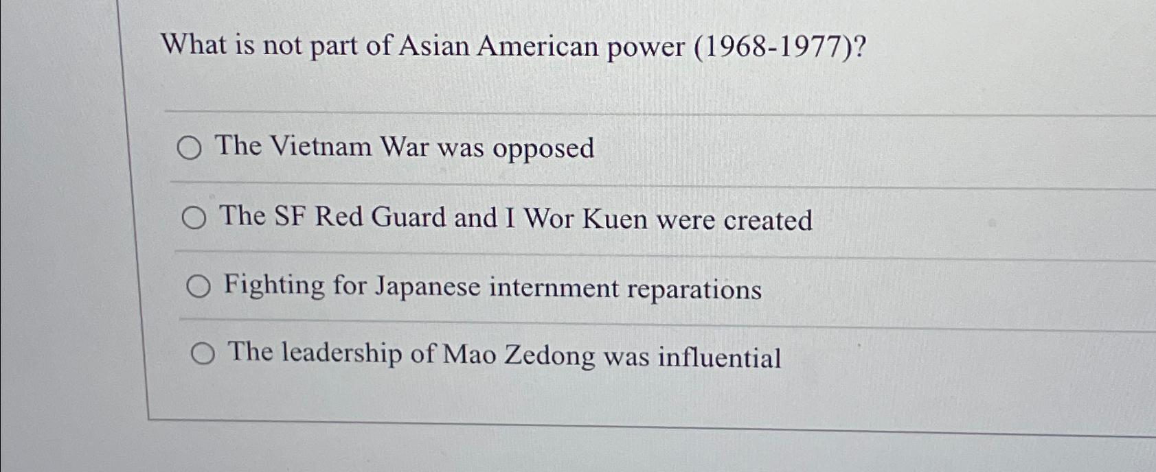 Solved What is not part of Asian American power | Chegg.com