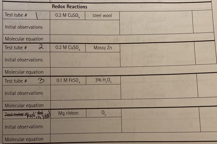 Solved Redox Reactions 0.2 M CuSO Test tube # steel wool | Chegg.com