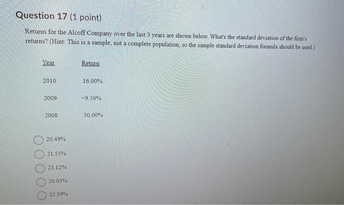 Solved Returns for the Alcoff Company over the last 3 years | Chegg.com