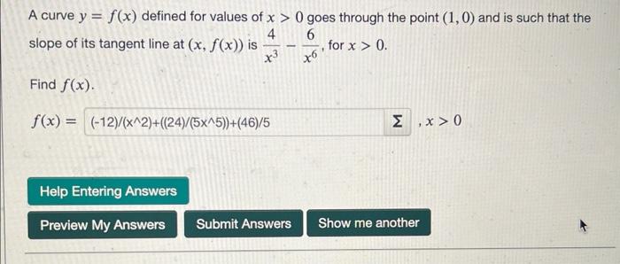 Solved A curve y=f(x) defined for values of x>0 goes through | Chegg.com
