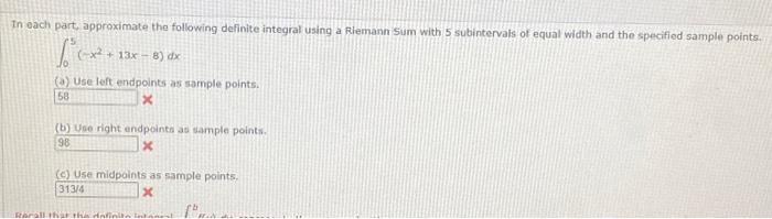 Solved In each part, approximate the following definite | Chegg.com