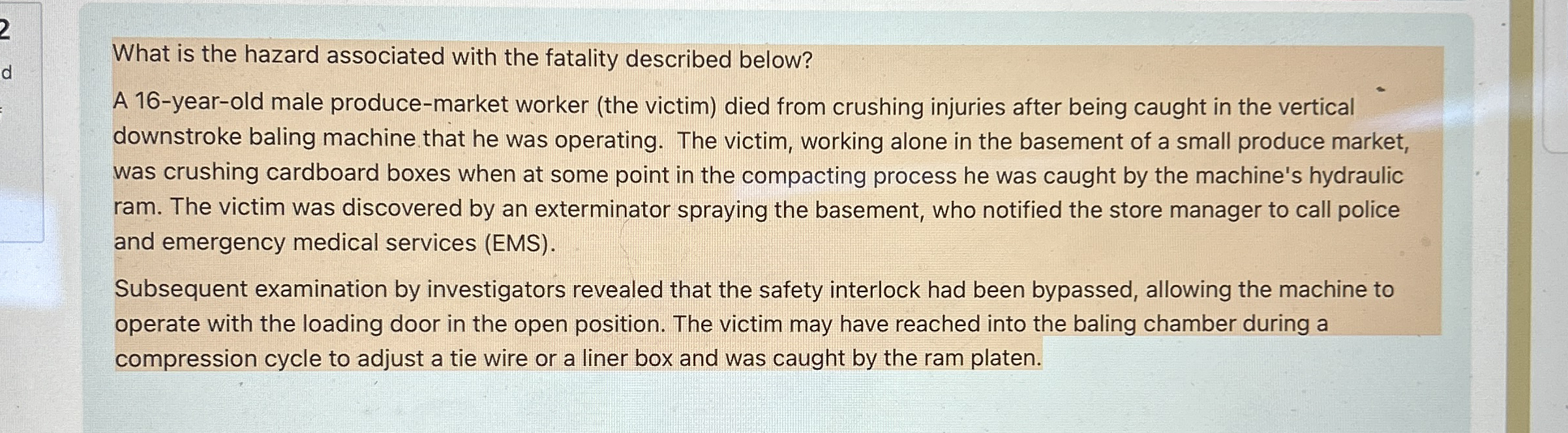 Solved What is the hazard associated with the fatality | Chegg.com