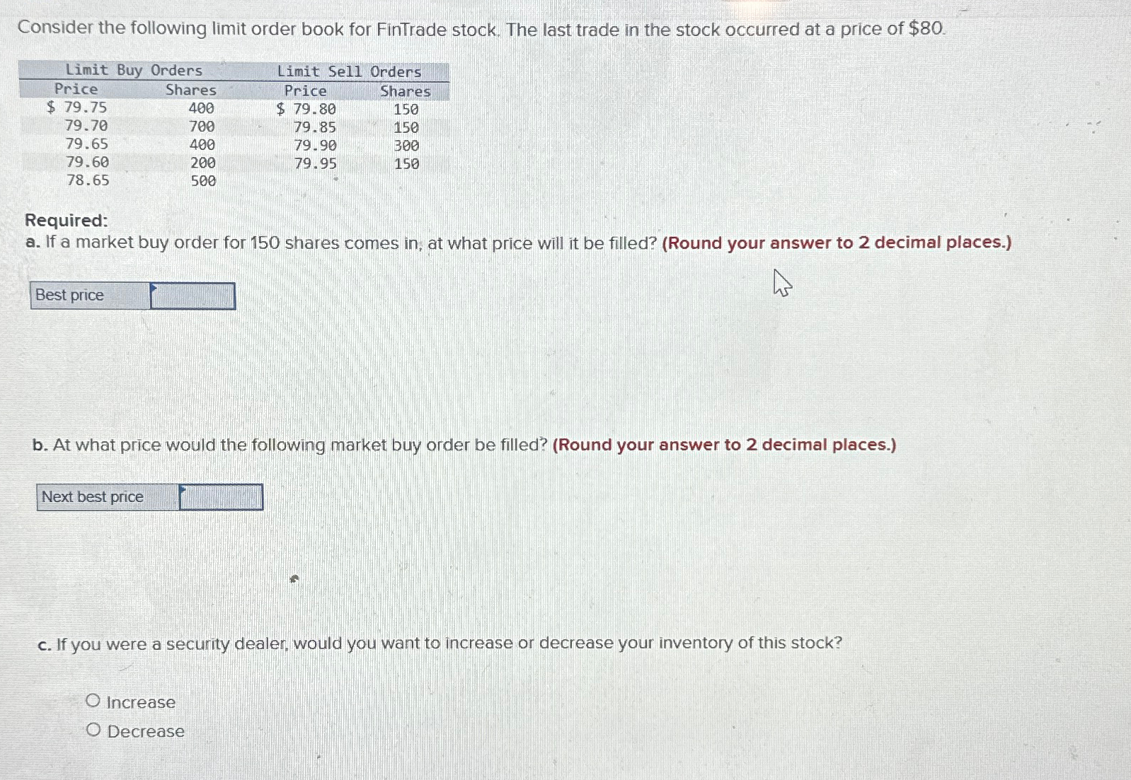 Solved Consider The Following Limit Order Book For Fintrade