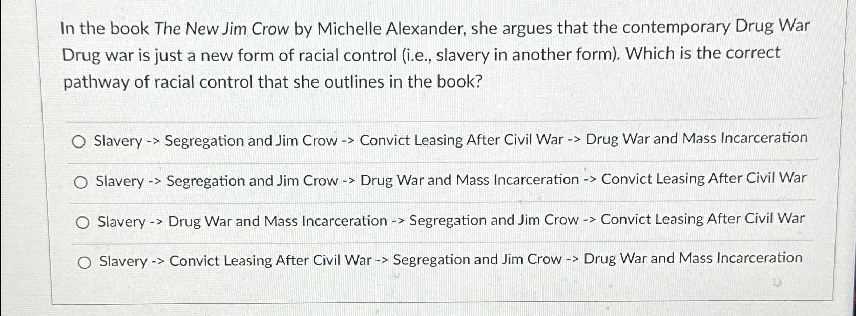 Solved In the book The New Jim Crow by Michelle Alexander, | Chegg.com
