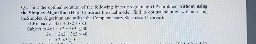 Solved Q1. Find the optimal solution of the following linear | Chegg.com