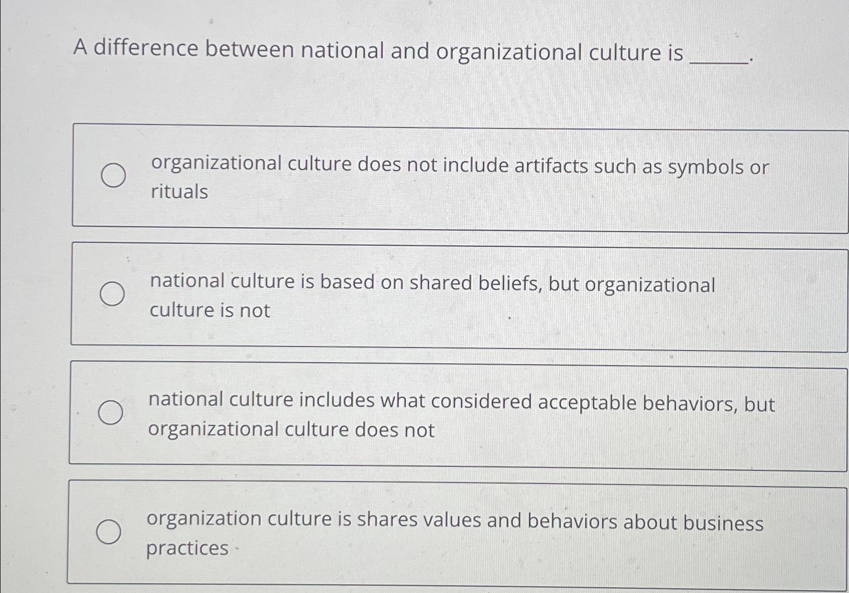 Solved A difference between national and organizational | Chegg.com