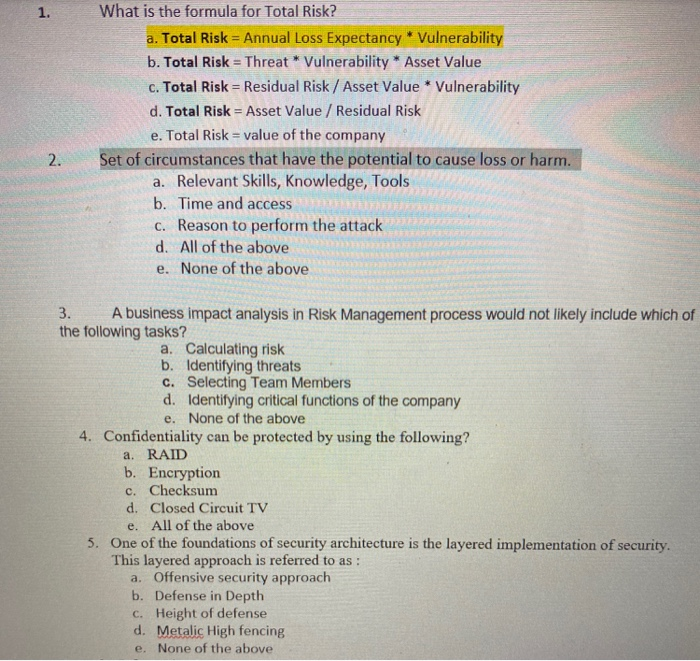 Solved What is the formula for Total Risk? a. Total Risk = | Chegg.com