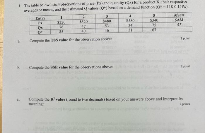 Solved 1. The table below lists 4 observations of price (Px) | Chegg.com