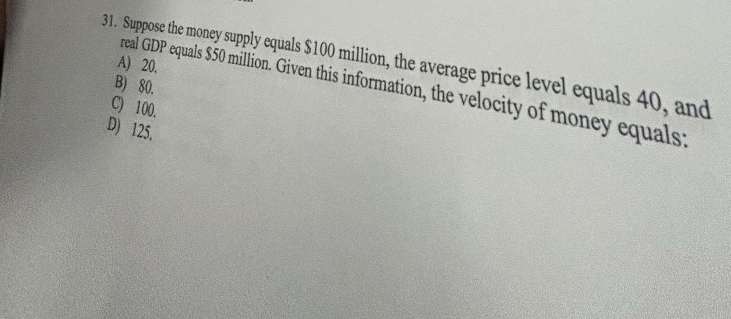 Solved Suppose the money supply equals $100 ﻿million, the | Chegg.com