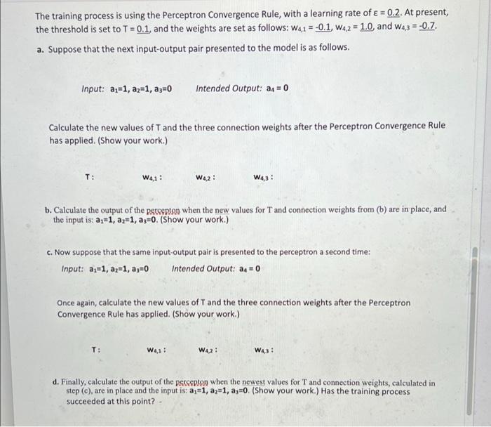 Solved 2. Perceptron Convergence Rule The following | Chegg.com