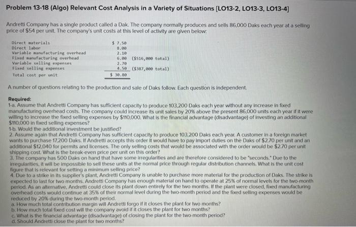 Solved Problem 13-18 (Algo) Relevant Cost Analysis in a | Chegg.com
