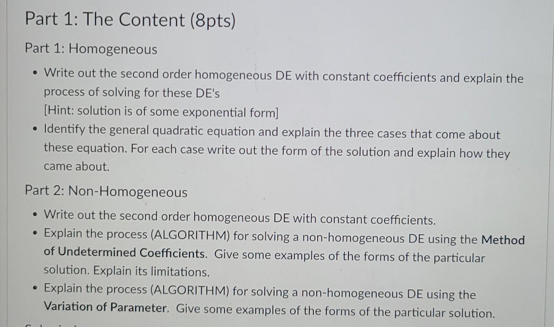 Solved Part 1: Homogeneous - Write out the second order | Chegg.com