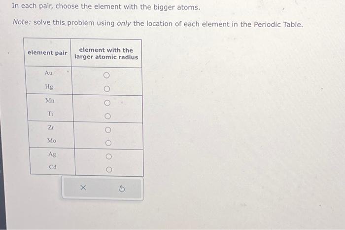 Solved In each pair, choose the element with the bigger | Chegg.com