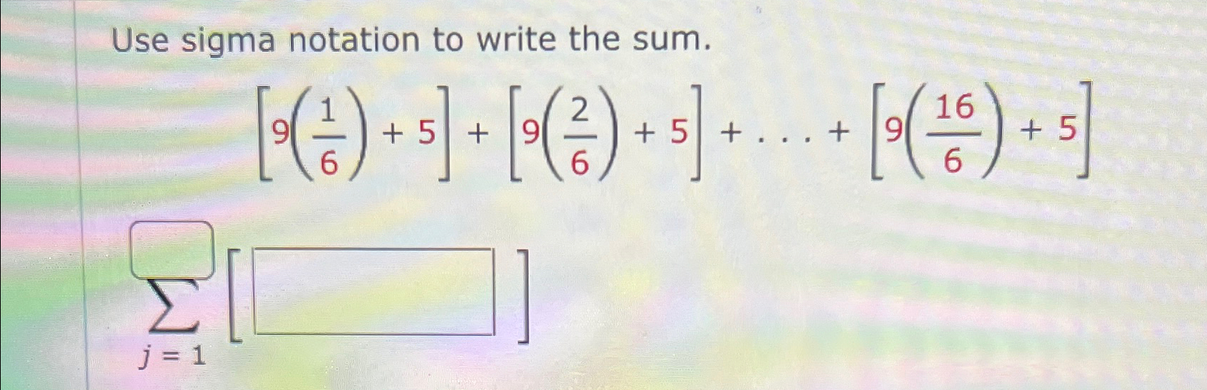 Solved Use sigma notation to write the sum.[:∑j=1?[]} | Chegg.com