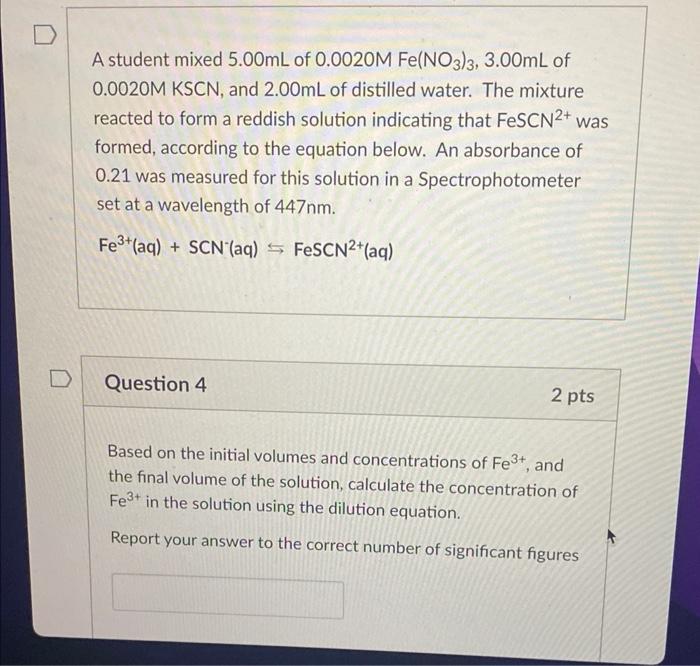 Solved A student mixed 5.00 mL of 0.0020MFe(NO3)3,3.00 mL of | Chegg.com