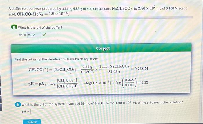 Solved A buffer solution was prepared by adding 4.89 g of | Chegg.com