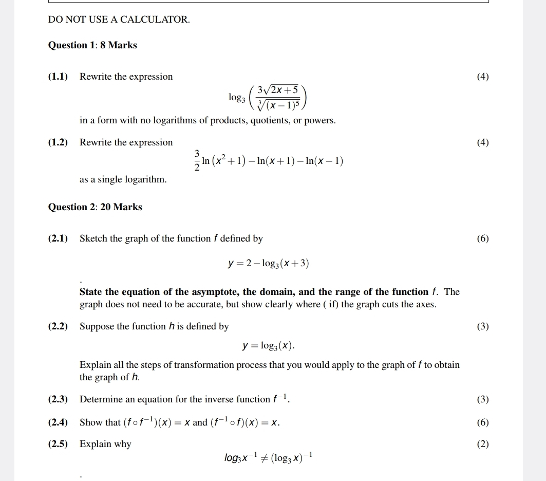 Solved DO NOT USE A CALCULATOR.Question 1: 8 ﻿Marks(1.1) | Chegg.com