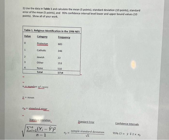 Solved 2) Use the data in Table 1 and calculate the mean (5 | Chegg.com