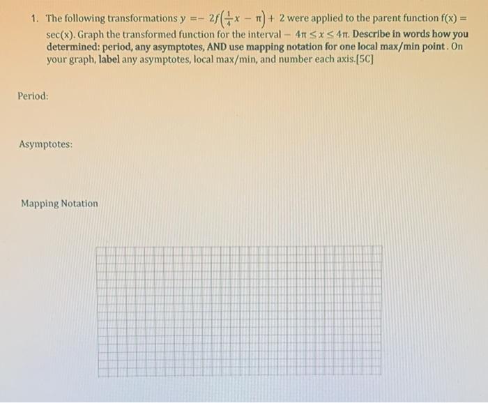 Solved 1. The following transformations y=−2f(41x−π)+2 were | Chegg.com