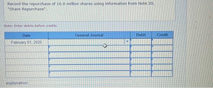 Solved Record the repurchase of 16.0 million shares using | Chegg.com