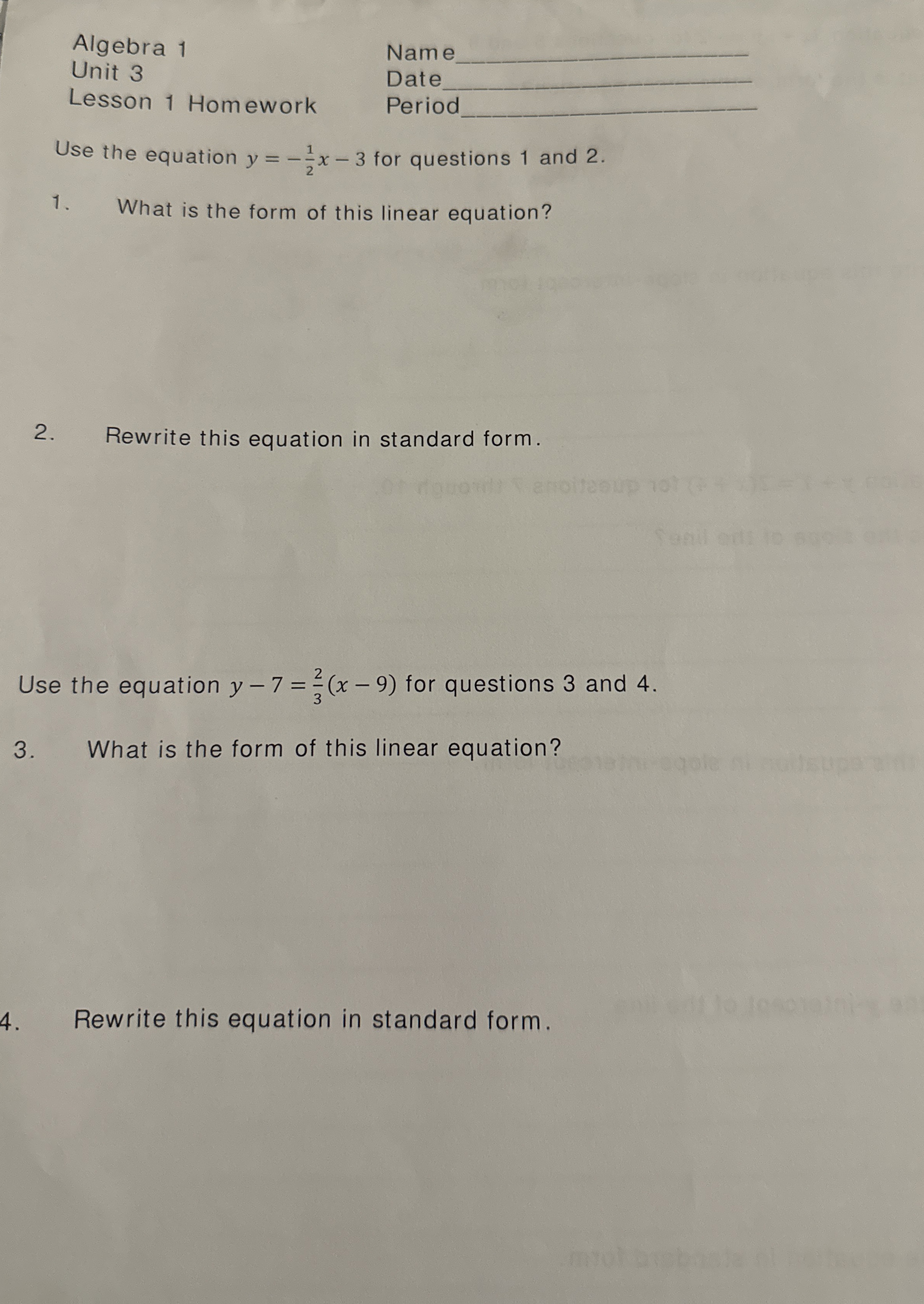 Solved Algebra 1Unit 3NameLesson 1 ﻿HomeworkDate q,PeriodUse | Chegg.com