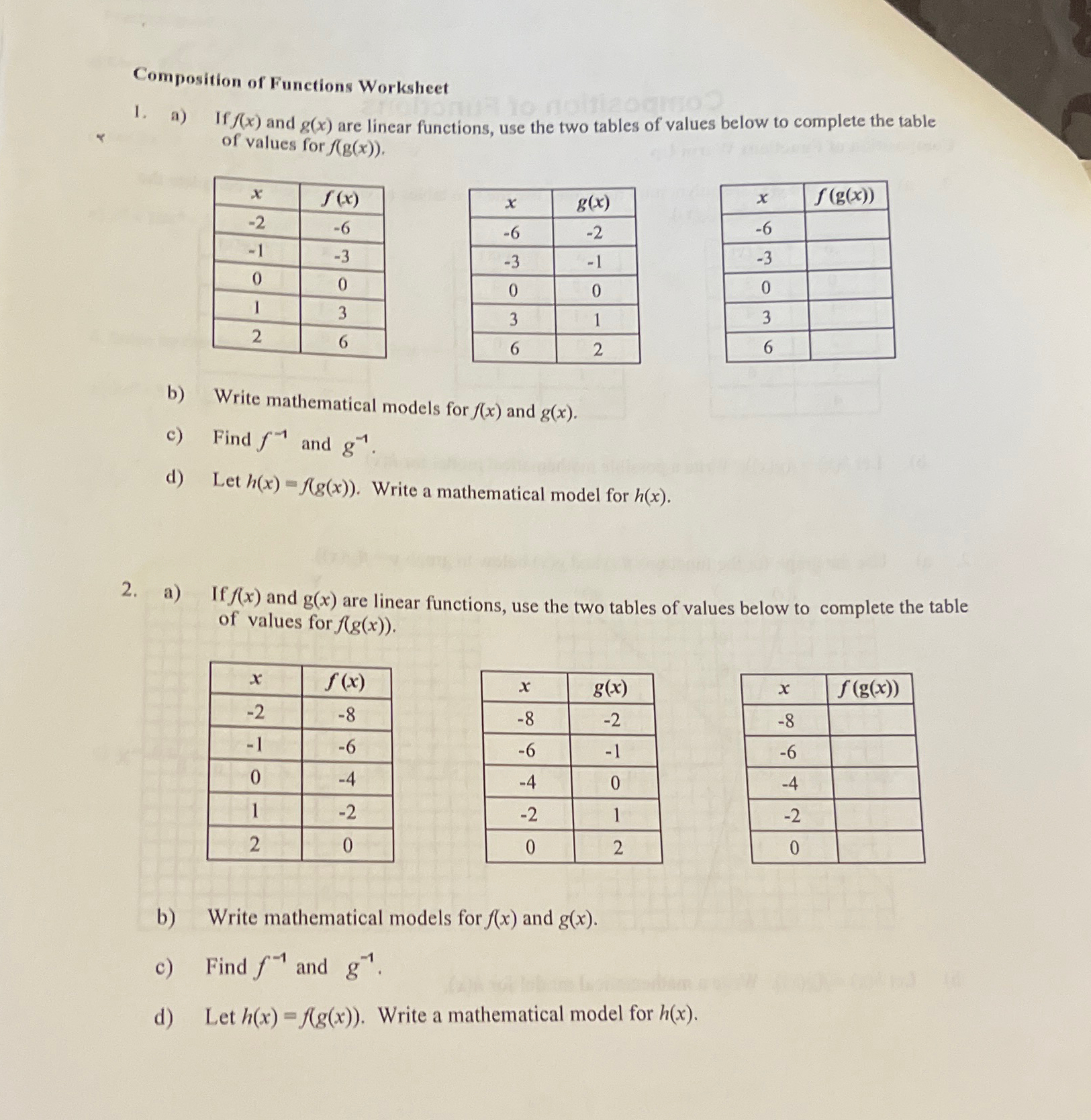Solved Composition of Functions Worksheeta) ﻿If f(x) ﻿and | Chegg.com