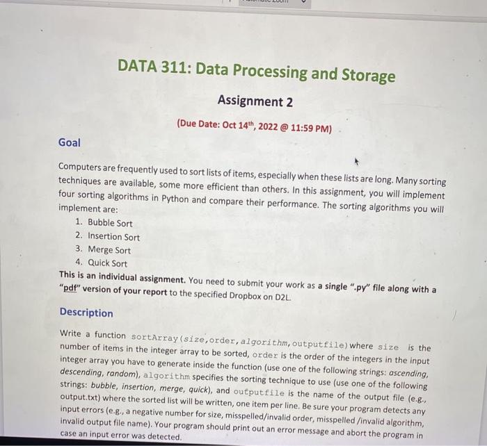 Solved DATA 311: Data Processing and Storage Assignment 2 | Chegg.com