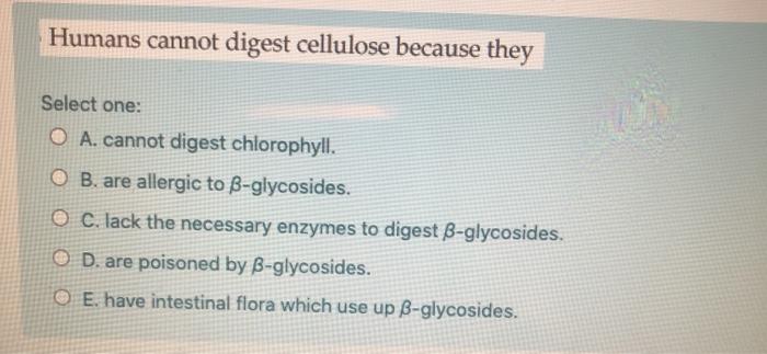 Solved Humans cannot digest cellulose because they Select | Chegg.com