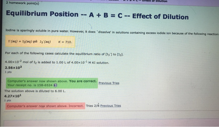 Solved 2 homework point(s) of Dilution Equilibrium Position | Chegg.com