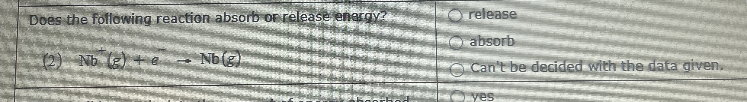 Solved Does the following reaction absorb or release | Chegg.com