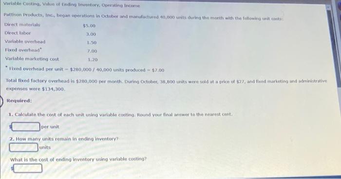 Solved Variable Casting, Value of Ending Inventory, | Chegg.com