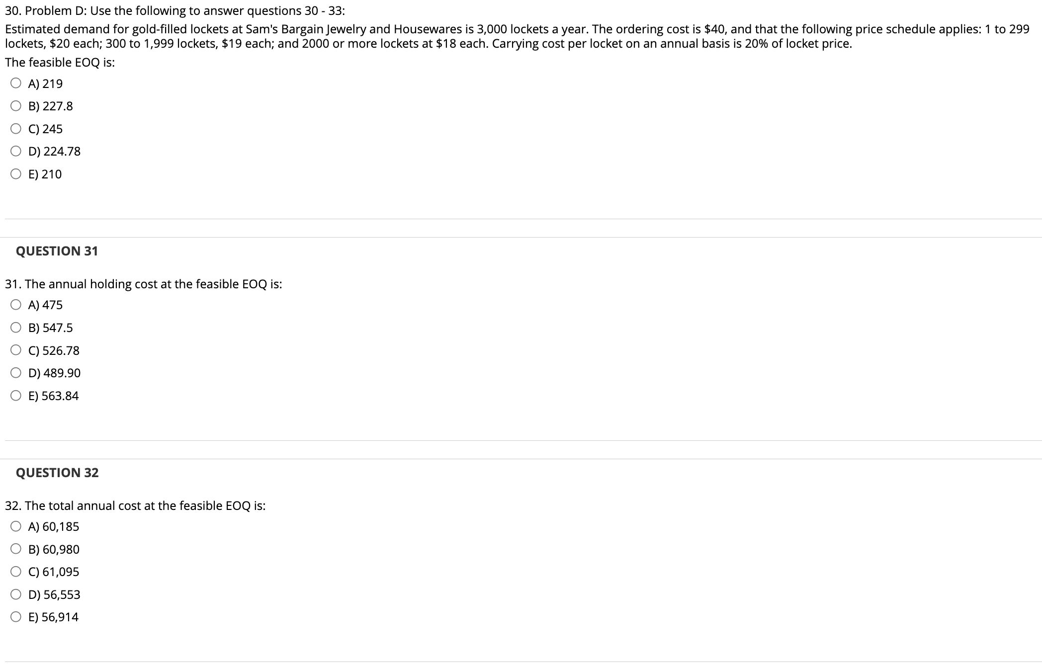 Solved 30. ﻿Problem D: Use the following to answer questions | Chegg.com