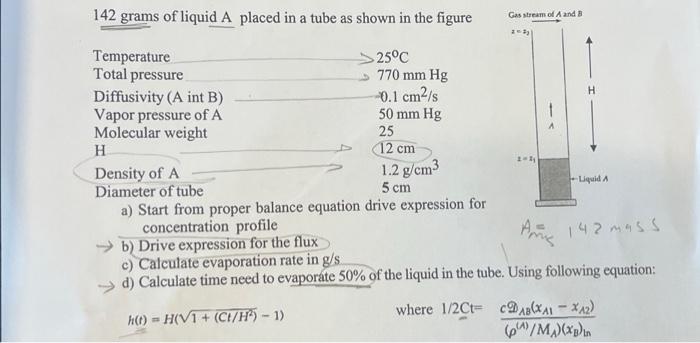 Solved 142 grams of liquid A placed in a tube as shown in | Chegg.com