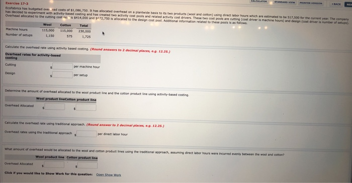 Solved Exercise 17-3 Ecofabrics has budgeted overall costs | Chegg.com