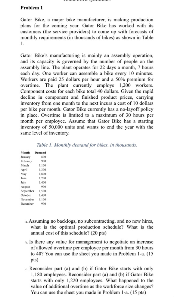 Solved Problem 1Gator Bike, a major bike manufacturer, is | Chegg.com