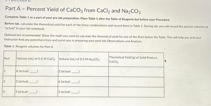 Solved Part A - Percent Yield of CaCO3 from CaCl2 and Na2CO3 | Chegg.com