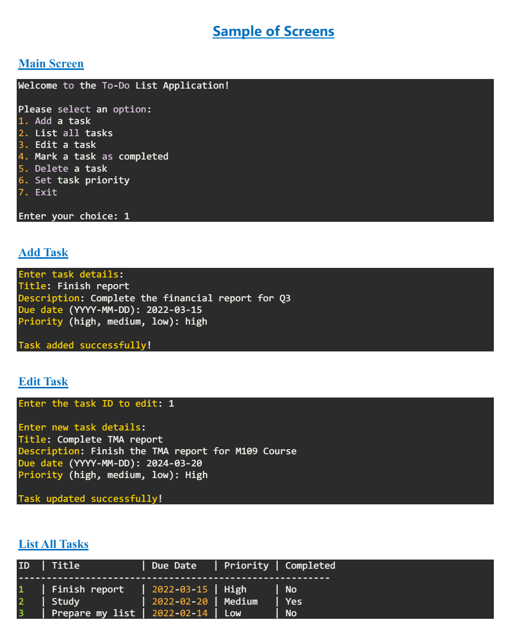 Solved Sample of ScreensMain ScreenWelcome to the To-Do List | Chegg.com