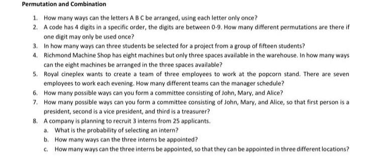 Solved Permutation and Combination 1. How many ways can the | Chegg.com