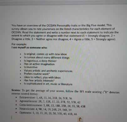 Solved You have an overview of the OCEAN Personality traits | Chegg.com