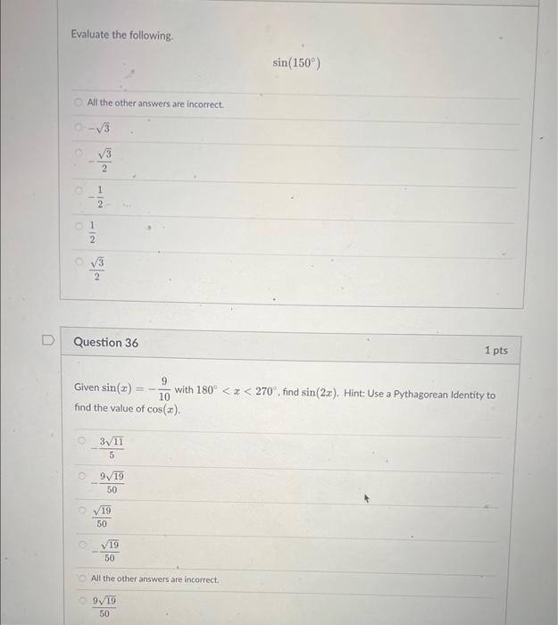Solved Evaluate the following. sin(150∘) All the other | Chegg.com