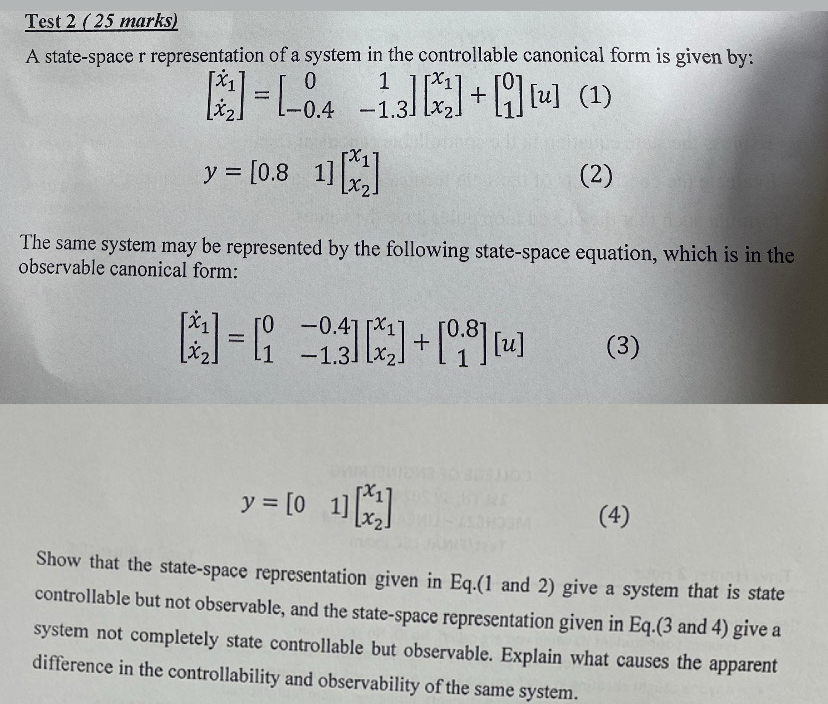 Solved Test 2 (25 ﻿marks)A state-space r representation of a | Chegg.com
