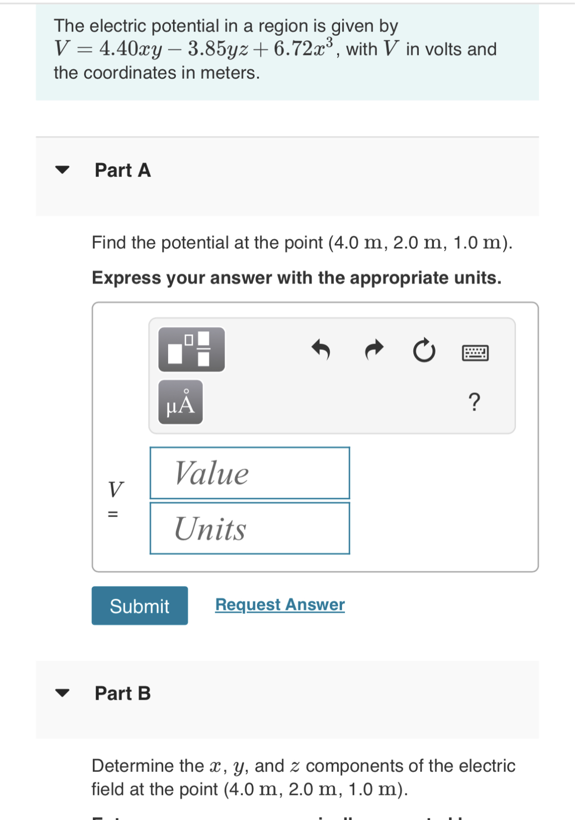 Solved The electric potential in a region is given | Chegg.com