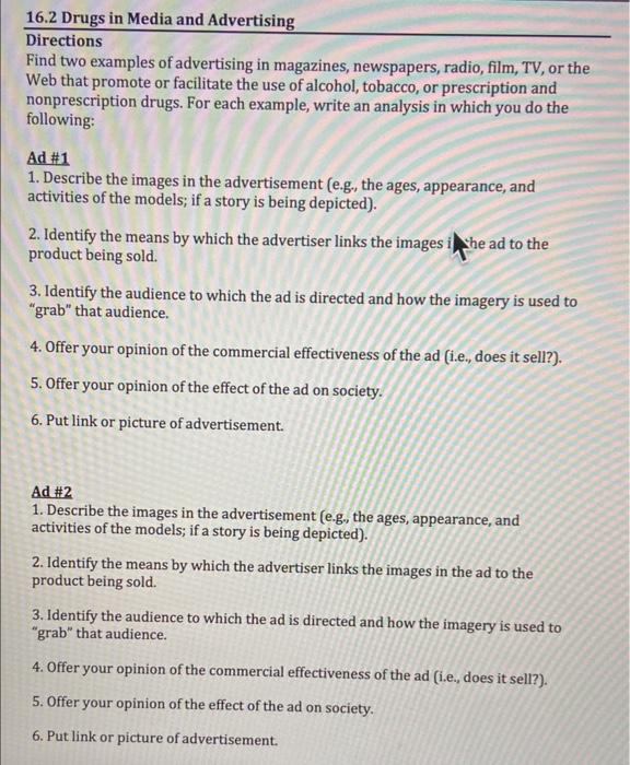 Solved 16.2 Drugs in Media and Advertising Directions Find | Chegg.com