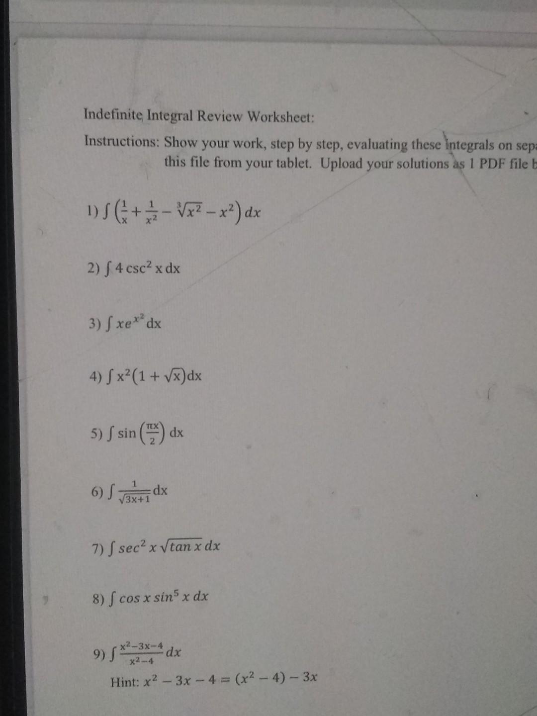 Solved பால Indefinite Integral Review Worksheet: | Chegg.com