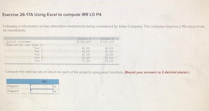 Solved Exercise 26-17A Using Excel to compute IRR LO P4 | Chegg.com
