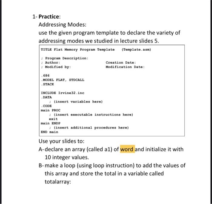 Solved 1- Practice: Addressing Modes: use the given program | Chegg.com