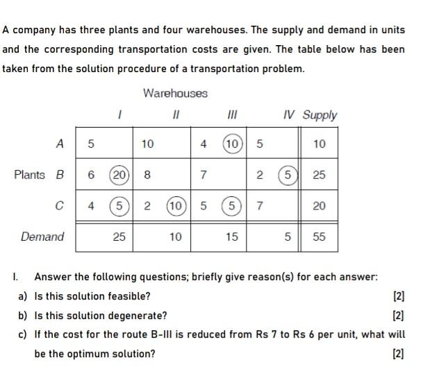 Solved A company has three plants and four warehouses. The | Chegg.com
