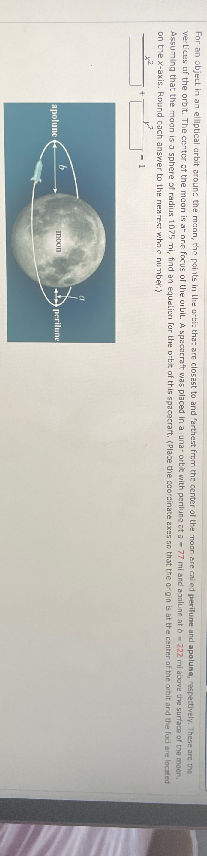 Solved For an object in an elliptical orbit around the moon, | Chegg.com