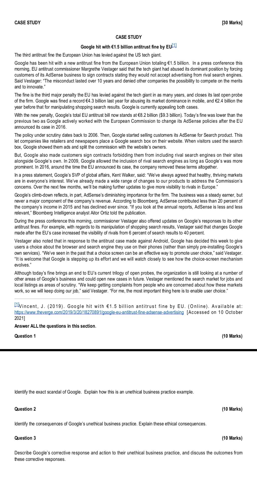 CASE STUDY Google hit with €1.5 billion antitrust | Chegg.com