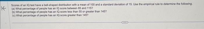Solved Scores of an 1Q test have a bell-shaped distribution | Chegg.com